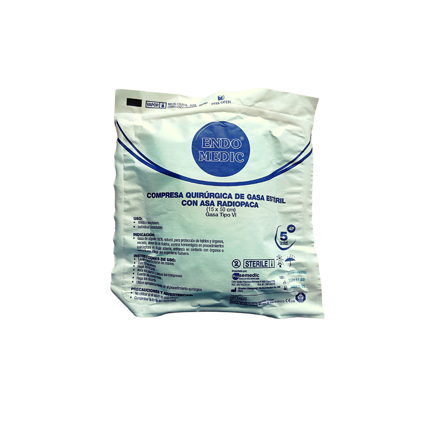 Compresa quirúrgica de gasa estéril 15 x 50 cm Endomedic - PROSEMEDIC